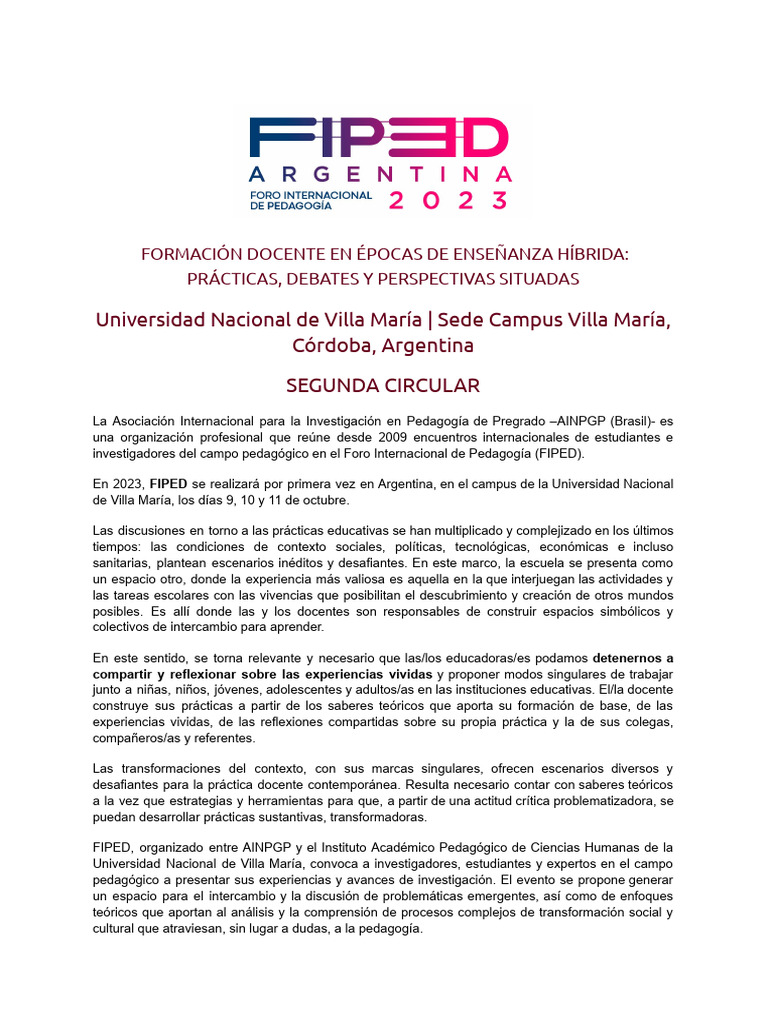 FIPED 2023 Segunda Circular Con Programa 3 2 | PDF | Pedagogía | Maestros
