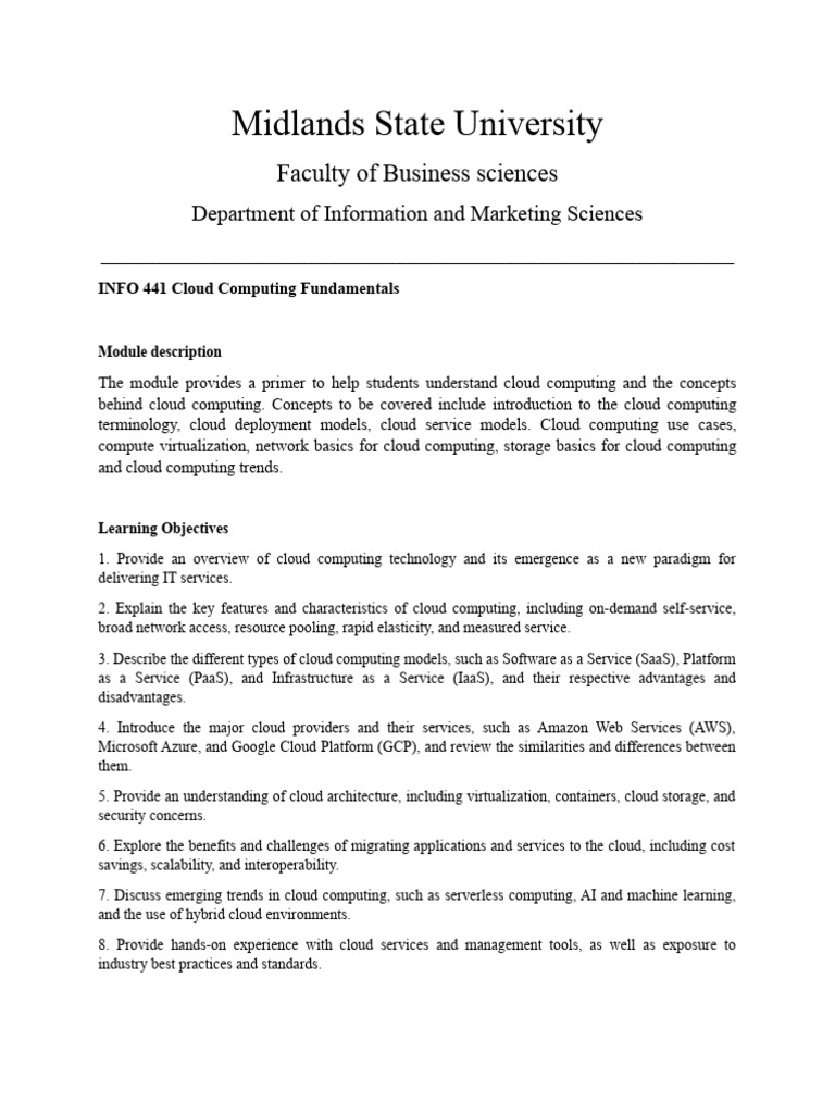 INFO 441 Cloud Computing Fundamentals Module Outline | PDF | Cloud ...