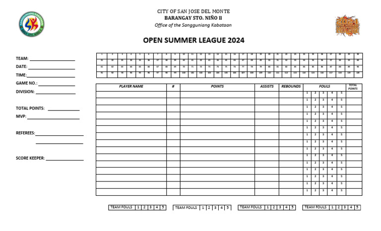 Open League Scoresheet 2024 | Download Free PDF | Sports | Team Sports