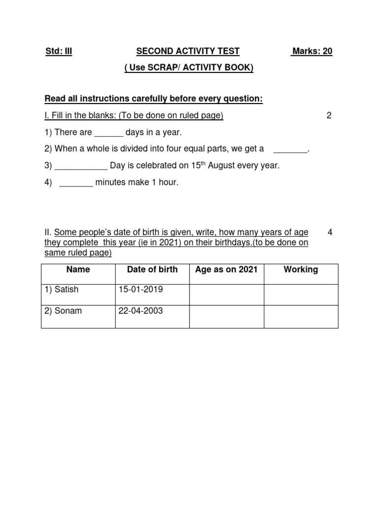 Grade 3 Activity Test Instructions | PDF