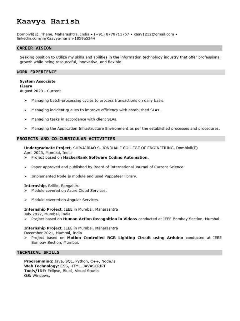 Resume - Kaavya Harish | PDF | Computing | Software Engineering
