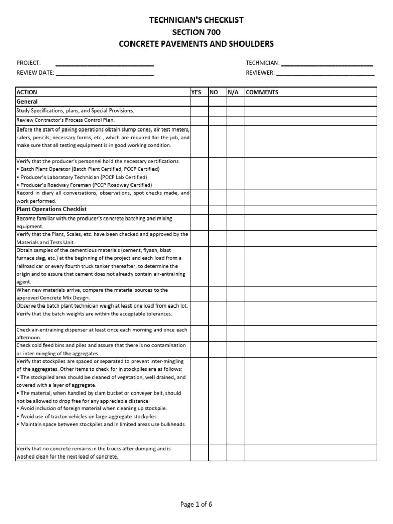 Concrete Paving Technician Checklist | PDF | Concrete | Road Surface