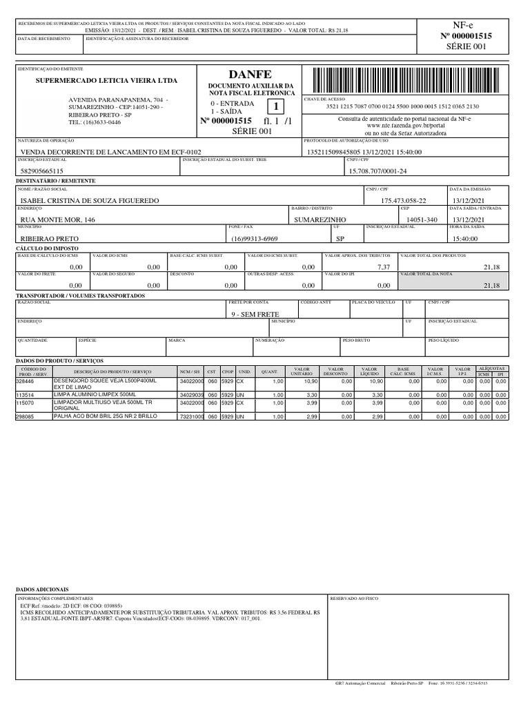 Danfe: SÉRIE 001 | PDF | Recibo | Documentos empresariais