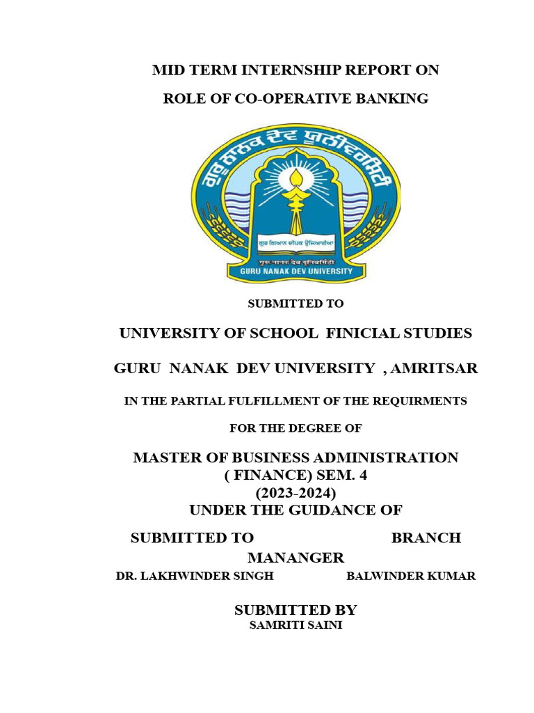 Role of Co-Operative Banking: Submitted To | PDF | Cooperative | Banks