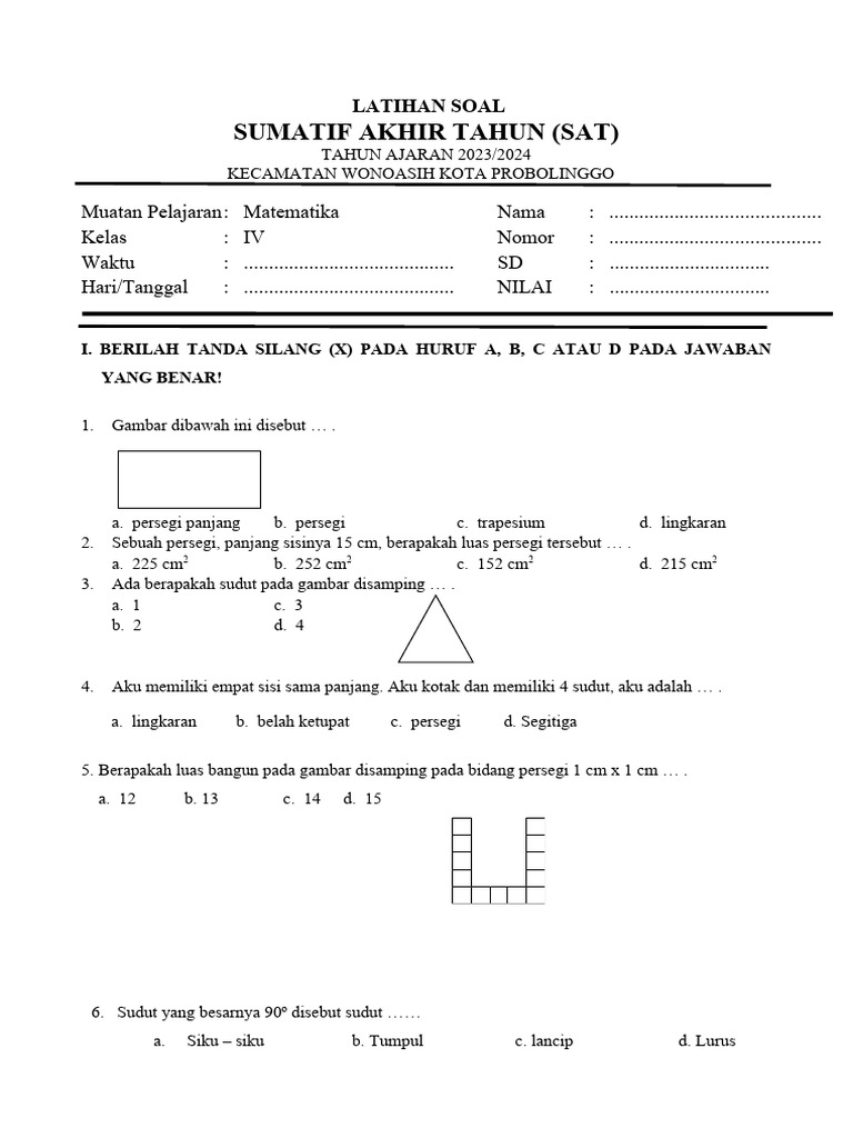 Latihan Soal Sat Kelas Iv Kurmer MTK | PDF