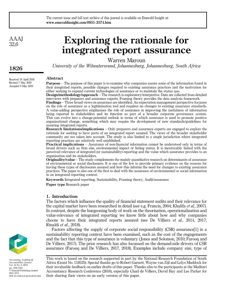 Exploring The Rationale For Integrated Report Assurance: Aaaj 32,6 ...
