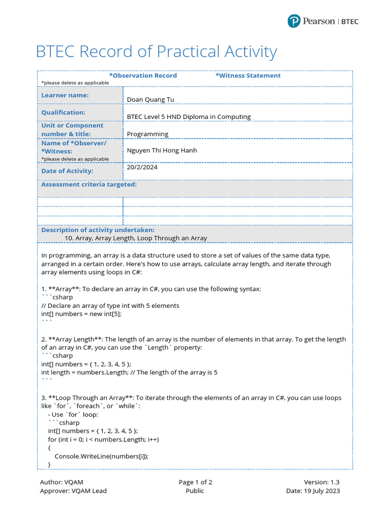 BTEC Record of Practical Activity Template | PDF | C Sharp (Programming Language) | Software ...