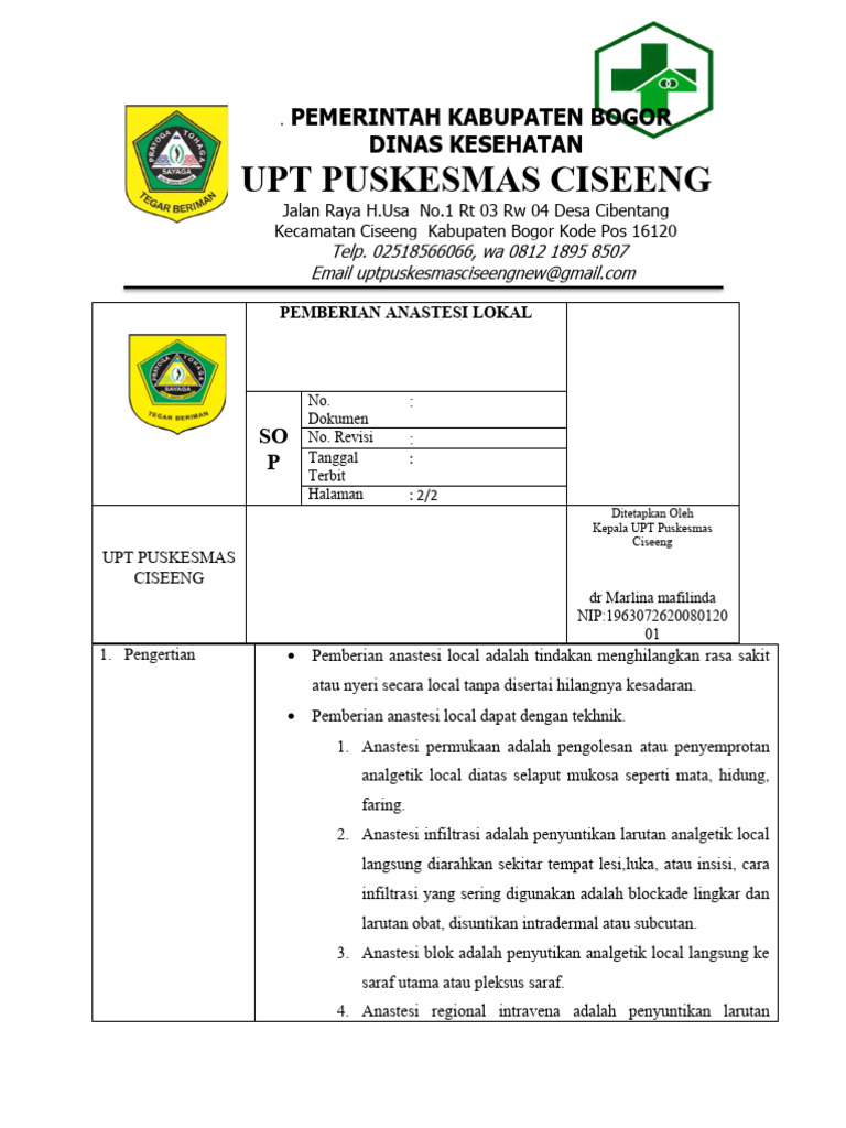 Sop Pemberian Anastesi Lokal | PDF