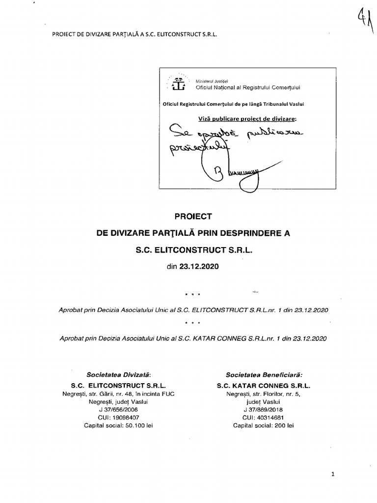 Proiect de Divizare Partiala ELITCONSTRUCT SRL | PDF