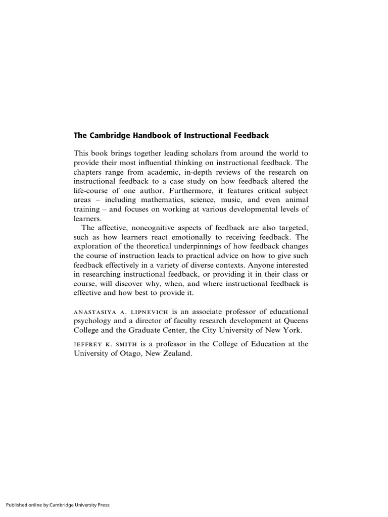 The Cambridge Handbook of Instructional Feedback: Published Online by ... The Cambridge Handbook of Instructional Feedback: Published Online by ...