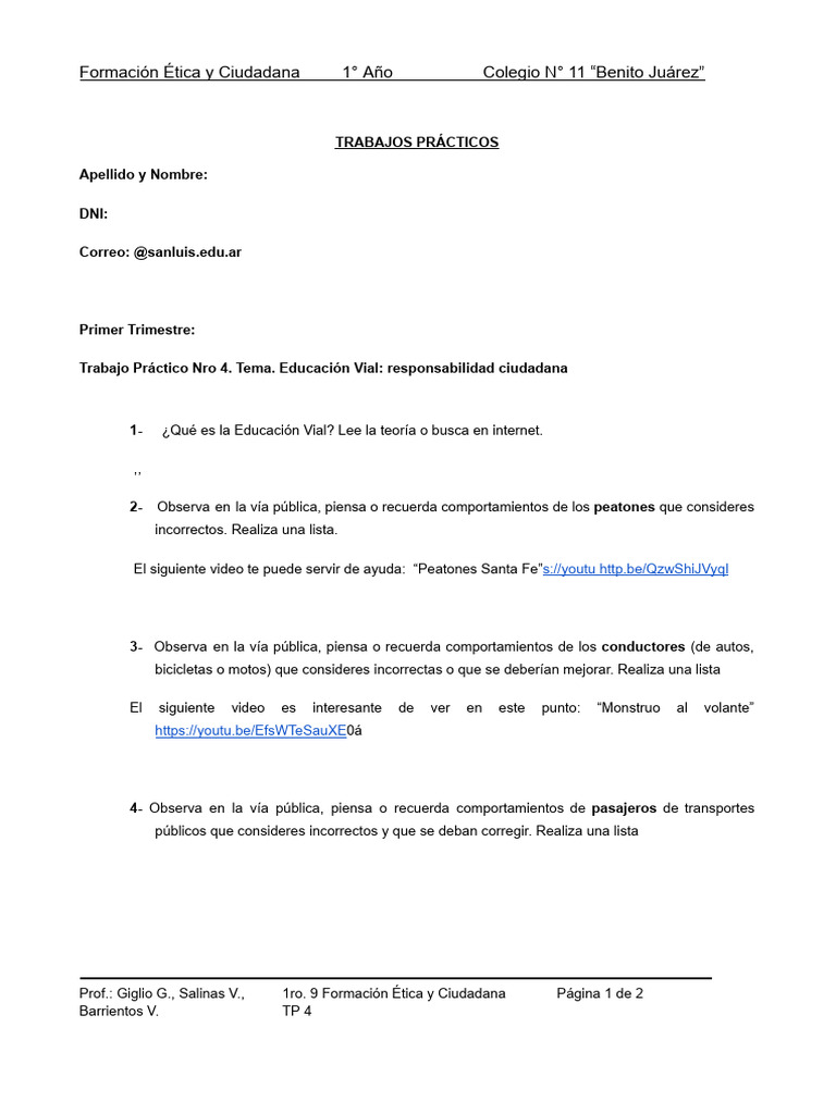 - 1ro 9 Formación Ética y Ciudadana TP 4 | Descargar gratis PDF | Peatonal | Transporte