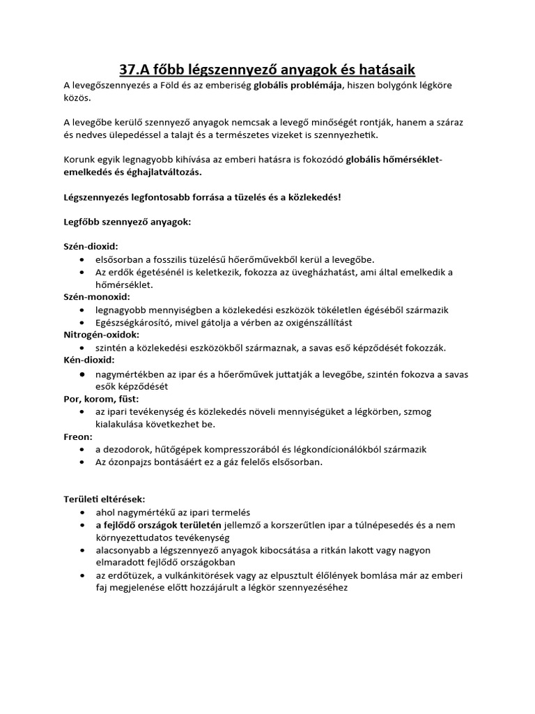 37.A Főbb Légszennyező Anyagok És Hatásaik | PDF