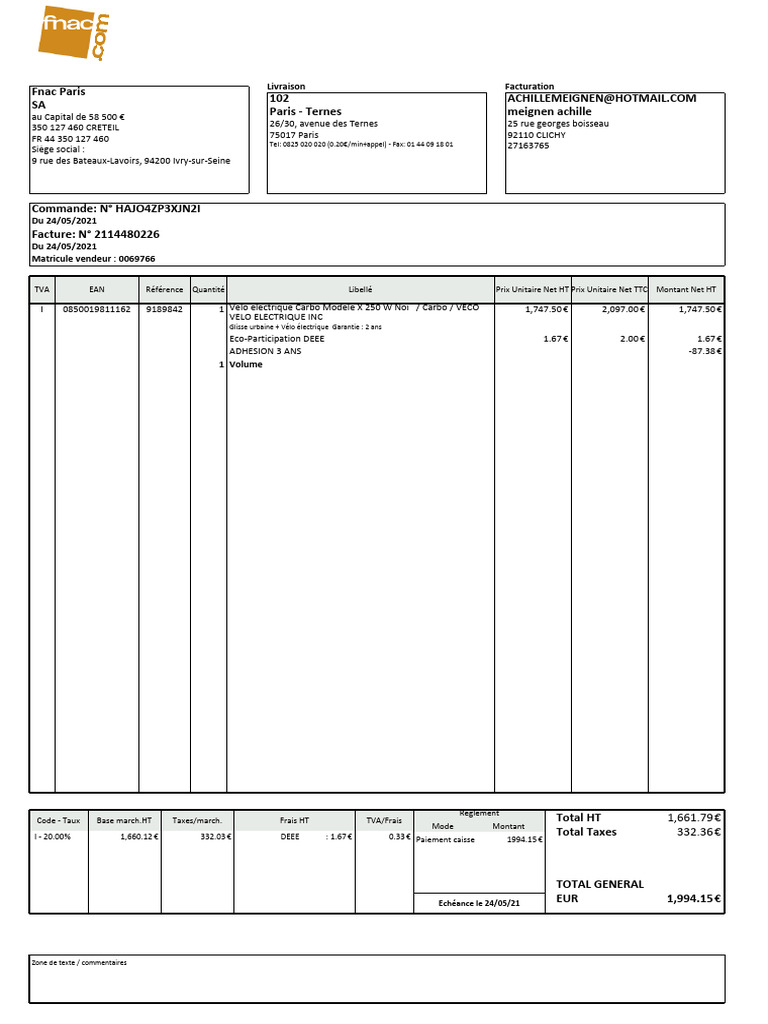Facture FNAC | PDF | Facture | Taxe sur la valeur ajoutée