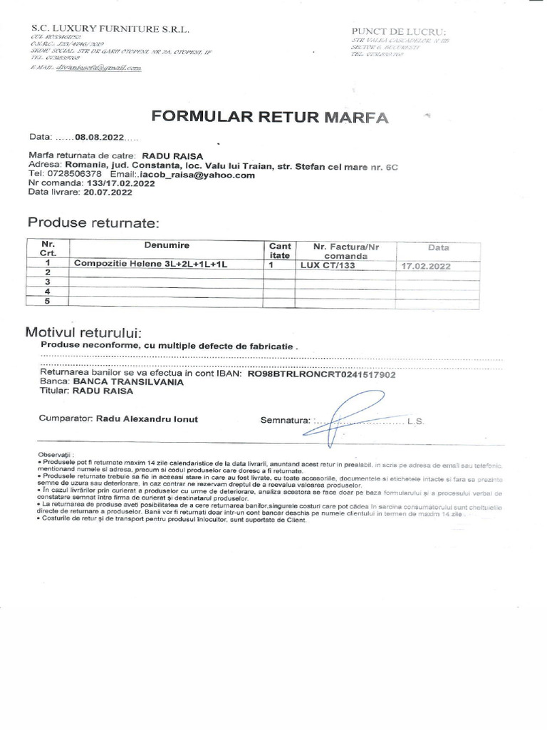 Formular Retur | PDF