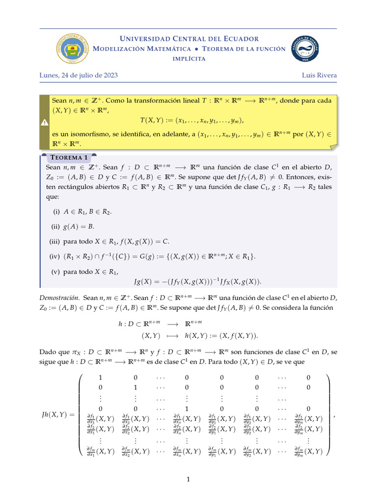 Teorema de La Función Implícita | Descargar gratis PDF | Álgebra lineal ...