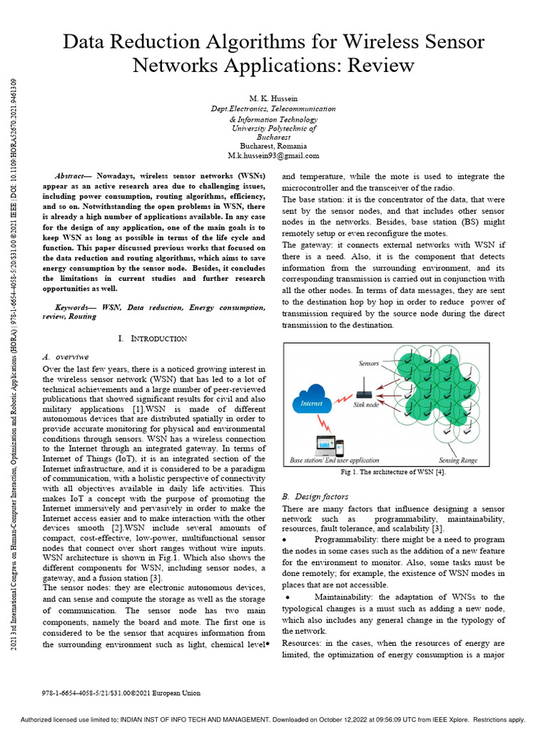 Data Reduction Algorithms For Wireless Sensor Networks Applications Review | PDF | Wireless ...