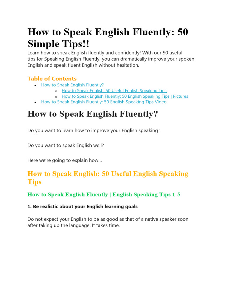 50 Tips for Fluent English Speaking | PDF | English Language | Fluency
