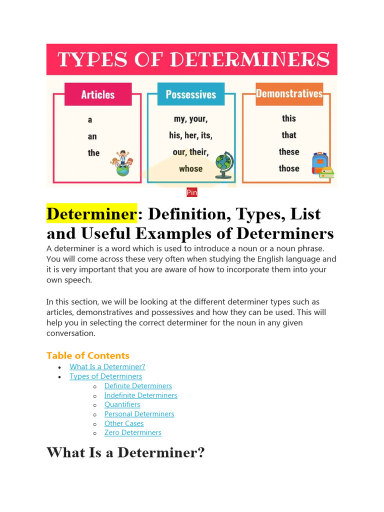 Determiner -التحديد Useful Examples of Determiners | PDF | Noun ...