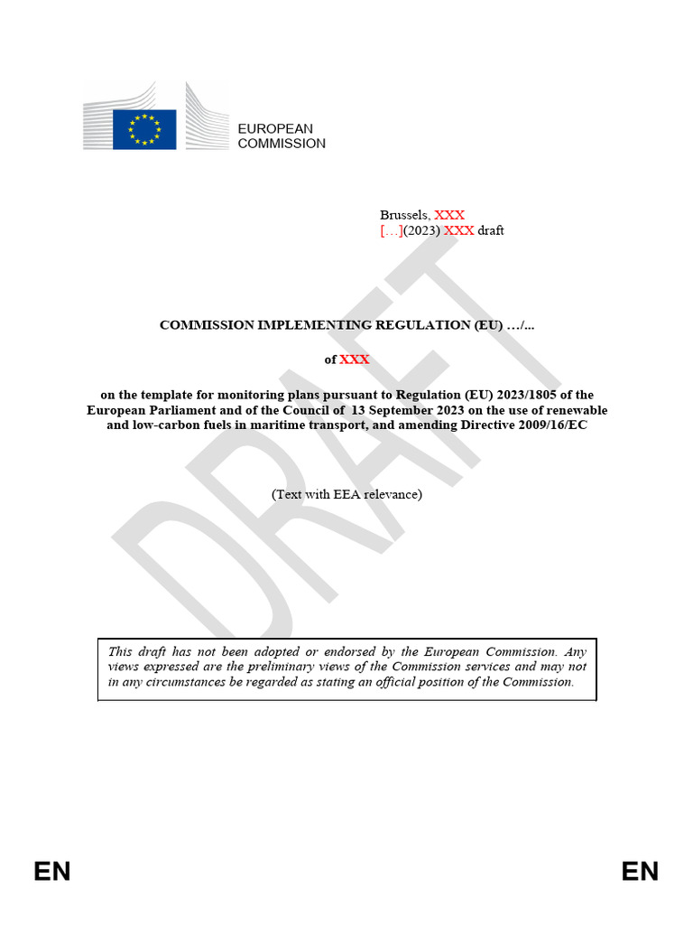 Draft COMMISSION IMPLEMENTING REGULATION On FuelEU Monitoring Plans (Version 18.10.2023) | PDF ...