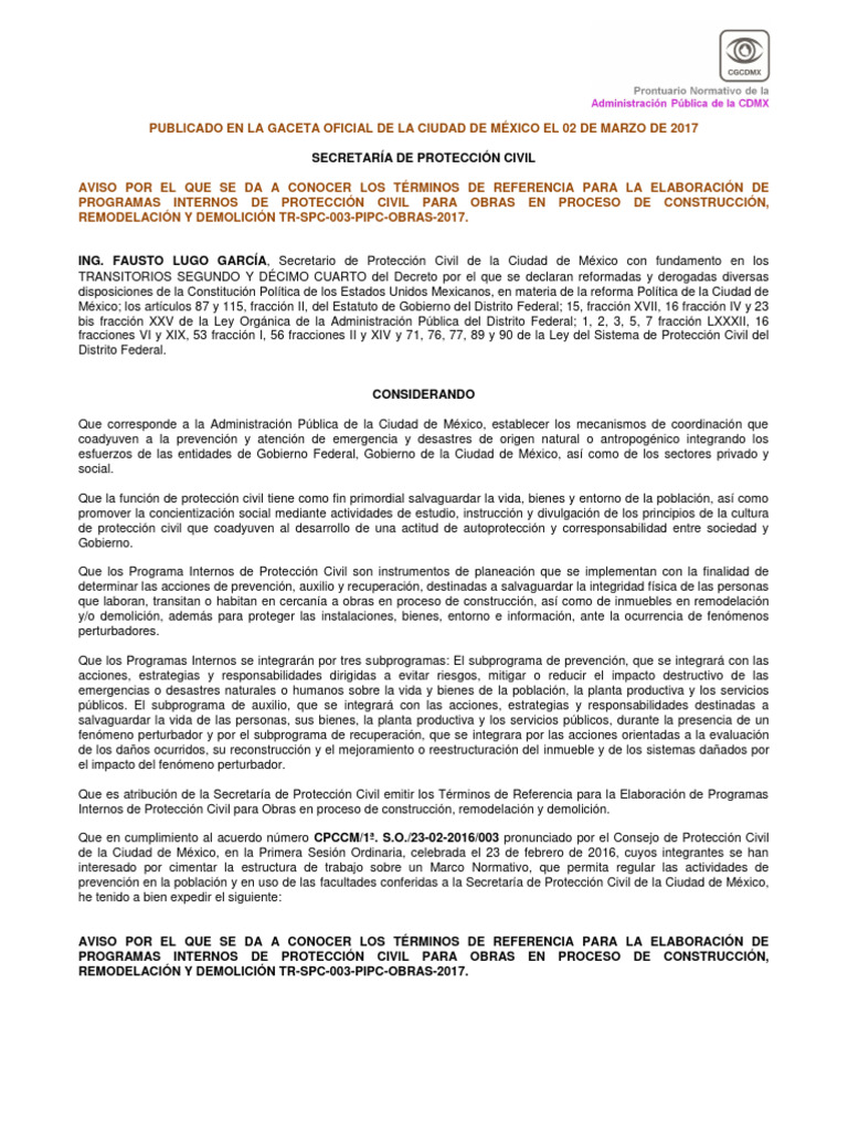 TR SPC 003 Pipc Obras 2017 | PDF | Defensa Civil | Riesgo