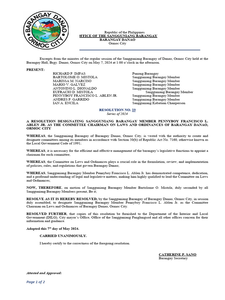 RESOLUTION No. 23-2024 LAWS AND ORDINANCES | PDF | Government