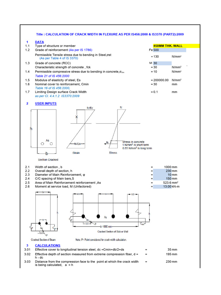 Crack Width Calc - 450mm Thk. Wall (2.4x3.0) | PDF | Bending | Fracture