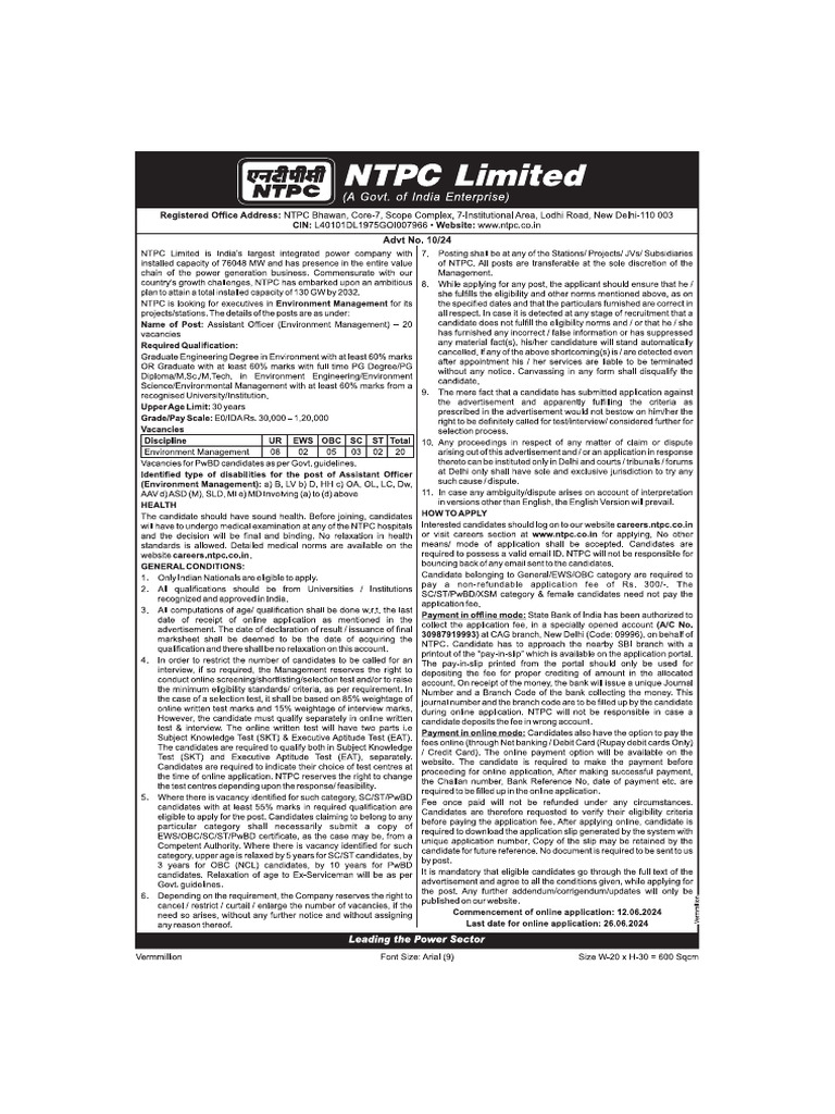 NTPC Notification For Assistant Officer Post | PDF