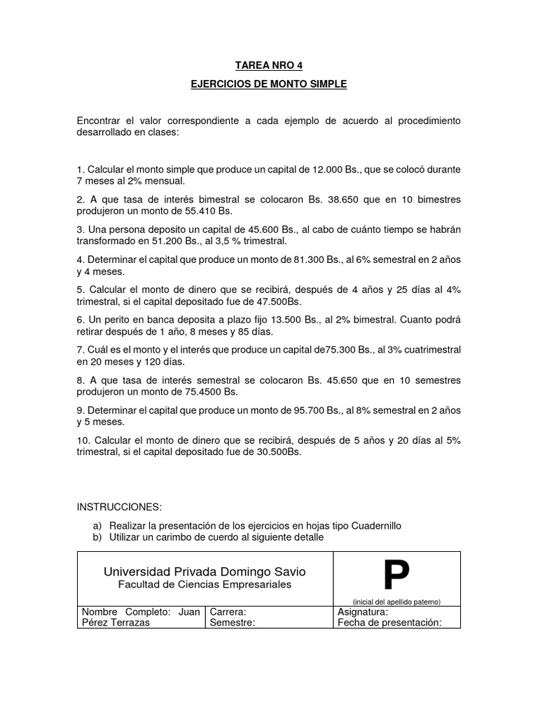 Tarea Nro 4 Ejercicios Monto Simple | PDF