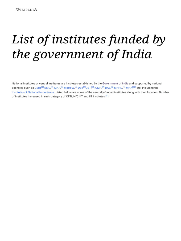 List of Institutes Funded by The Government of India - Wikipedia | PDF ...