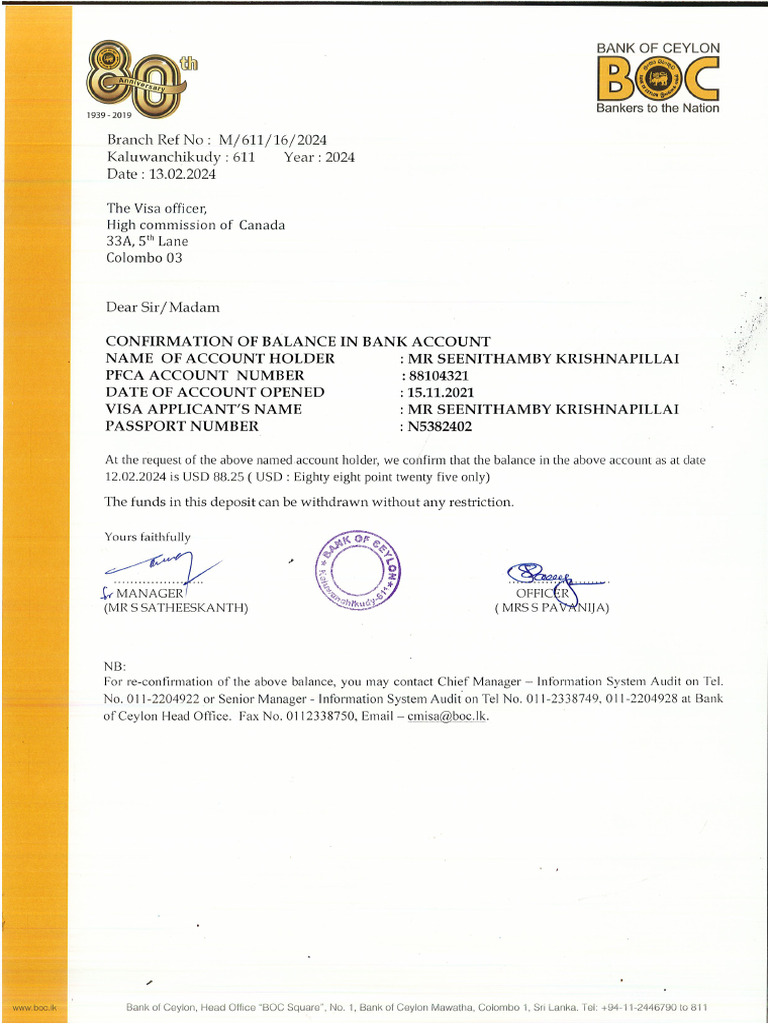 BOC Bank Confirmation | PDF