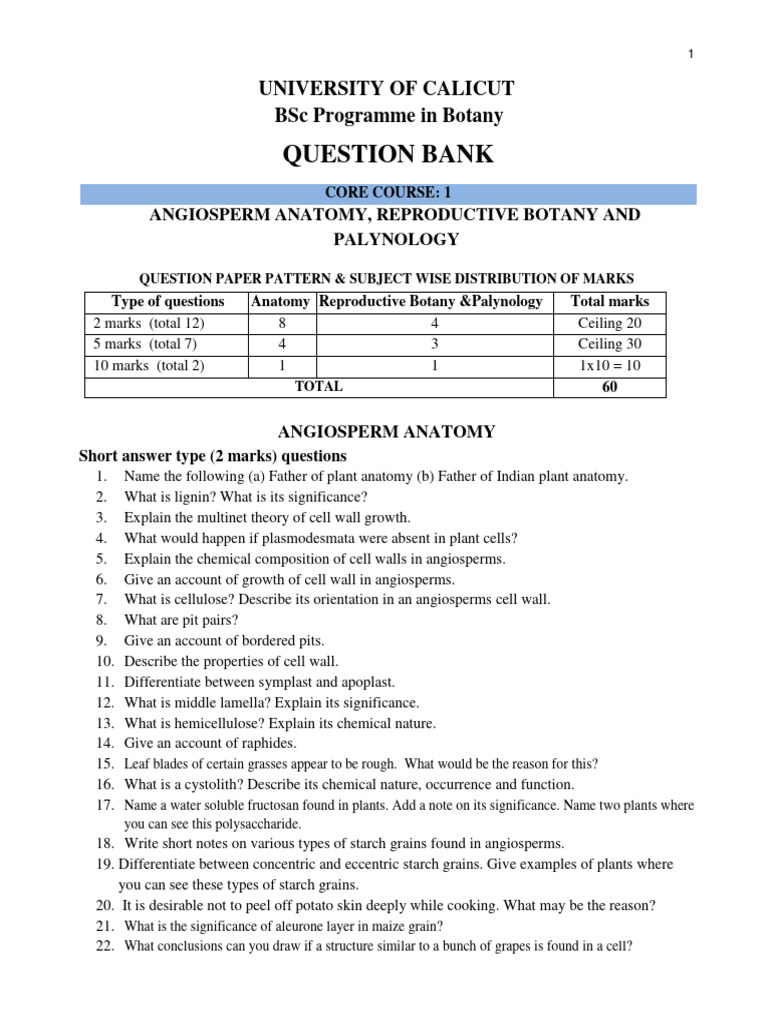 Botany Question Bank | PDF | Plant Stem | Tissue (Biology)