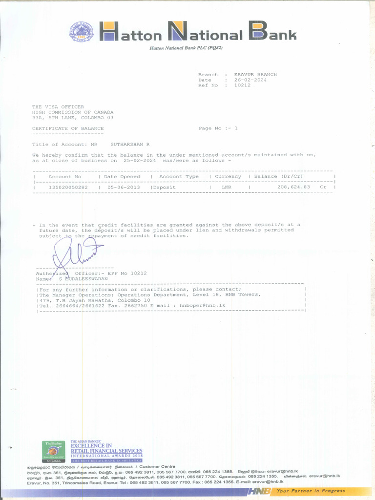 HNB Confirmation Letter | PDF