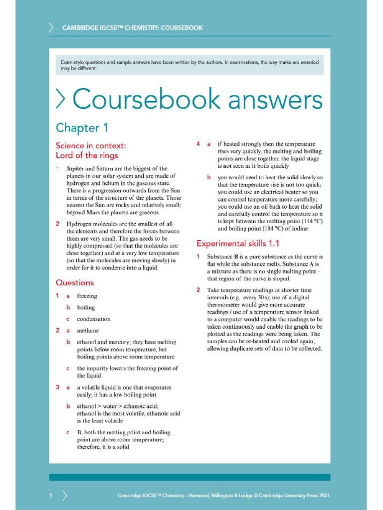 IGCSE Chemistry Coursebook Answers | PDF