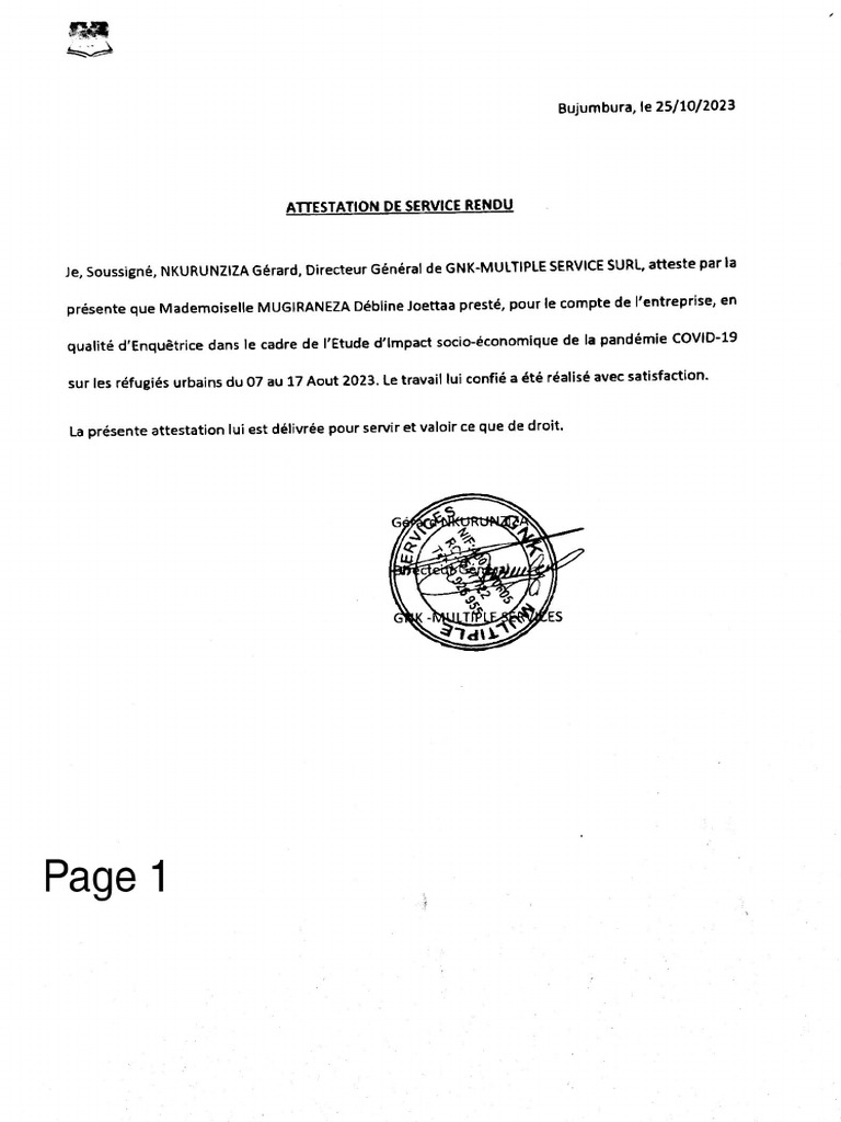 Attestation de Service Rendu 2 | PDF