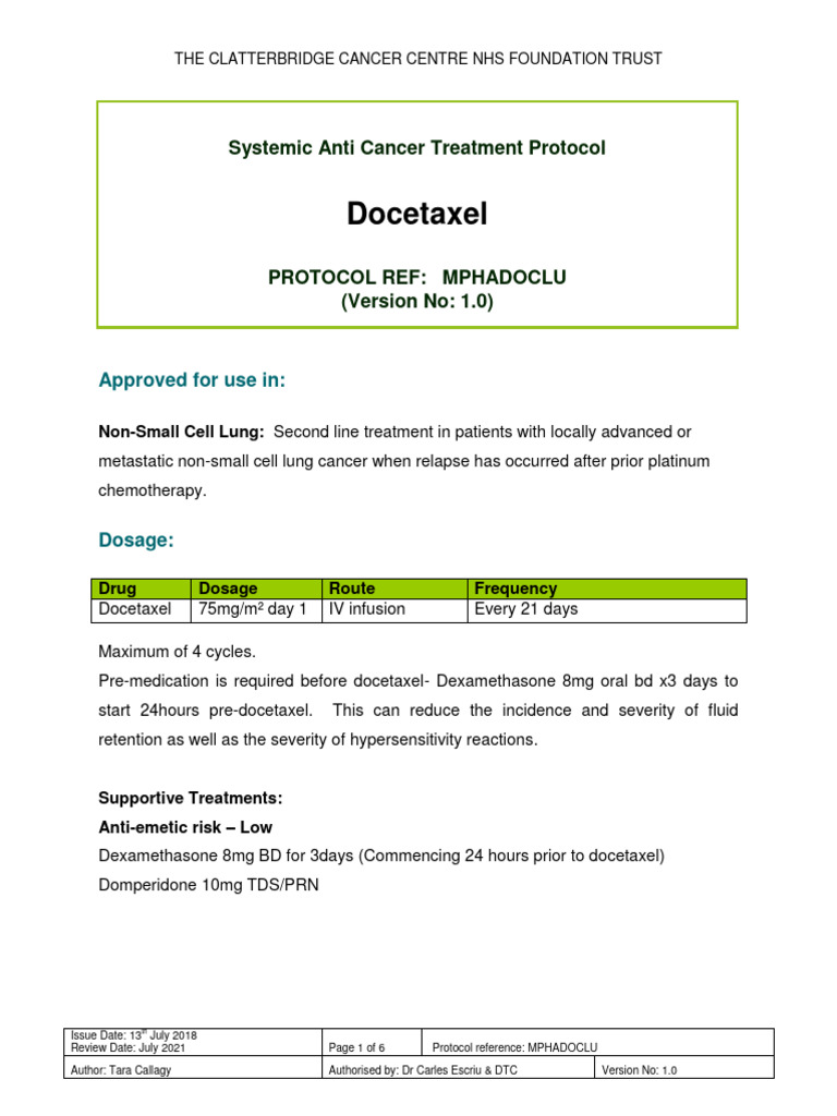 Docetaxel Protocol V1.0 | PDF | Chemotherapy | Intravenous Therapy