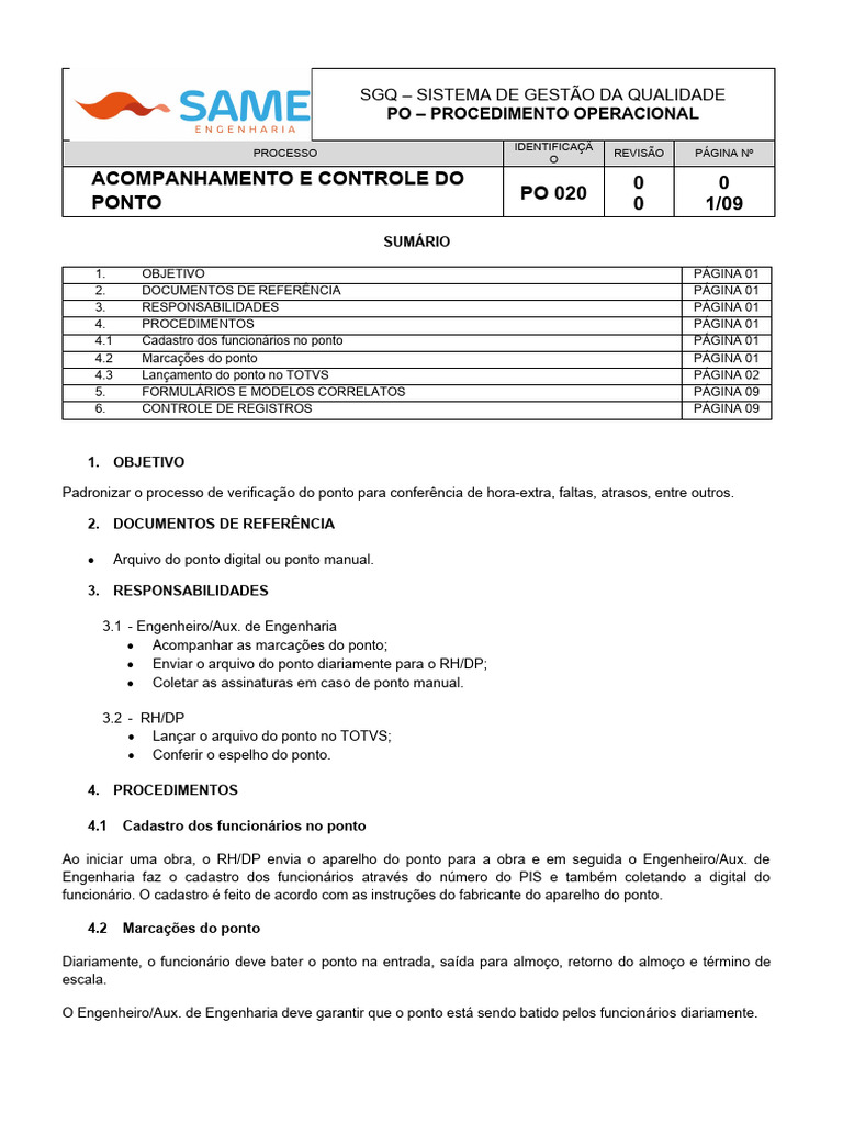 Po 020 - Acompanhamento e Controle Do Ponto R00 | PDF | Engenharia