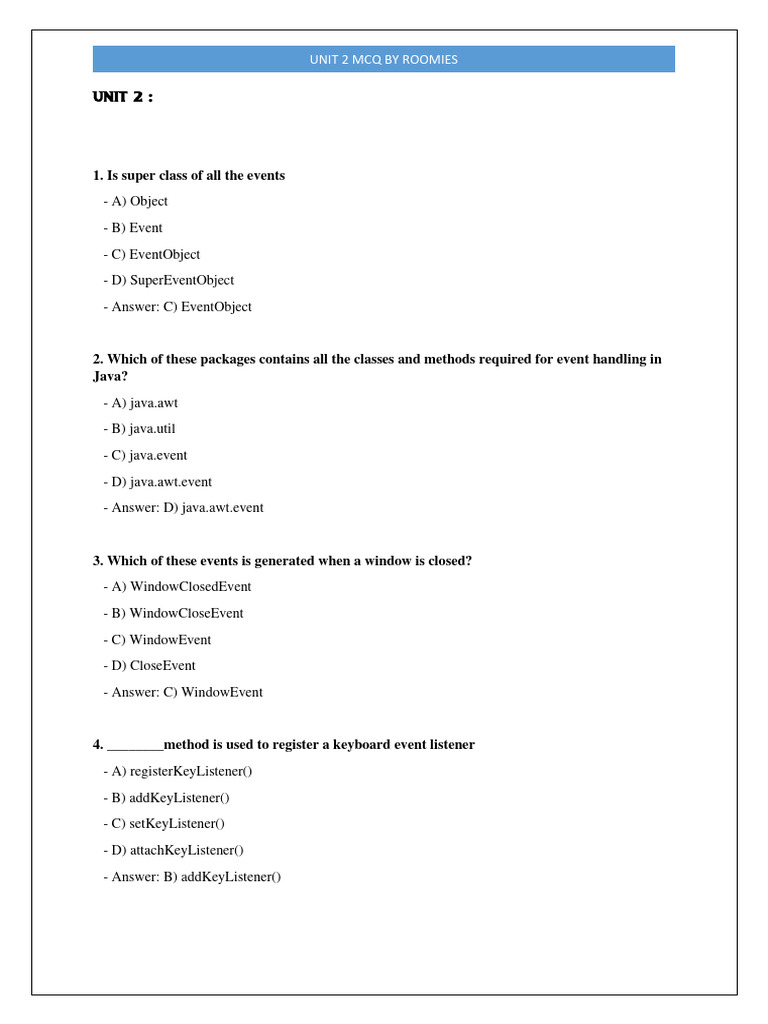 Unit 2 MCQ BY ROOMIES | PDF | Method (Computer Programming) | Class (Computer Programming)
