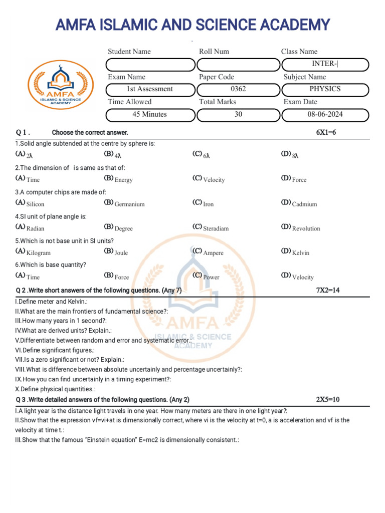 1st Year Physics | PDF | International System Of Units | Velocity