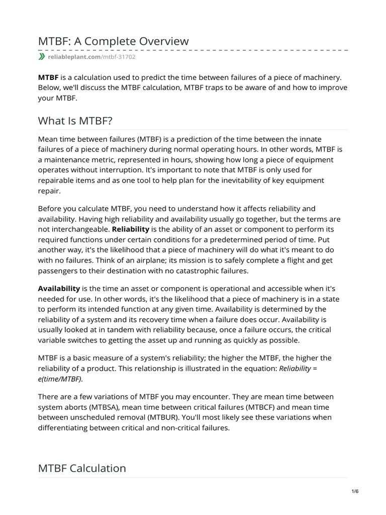 MTBF Complete Overview - Reliable Plant - 201911 | PDF | Reliability Engineering | Systems ...