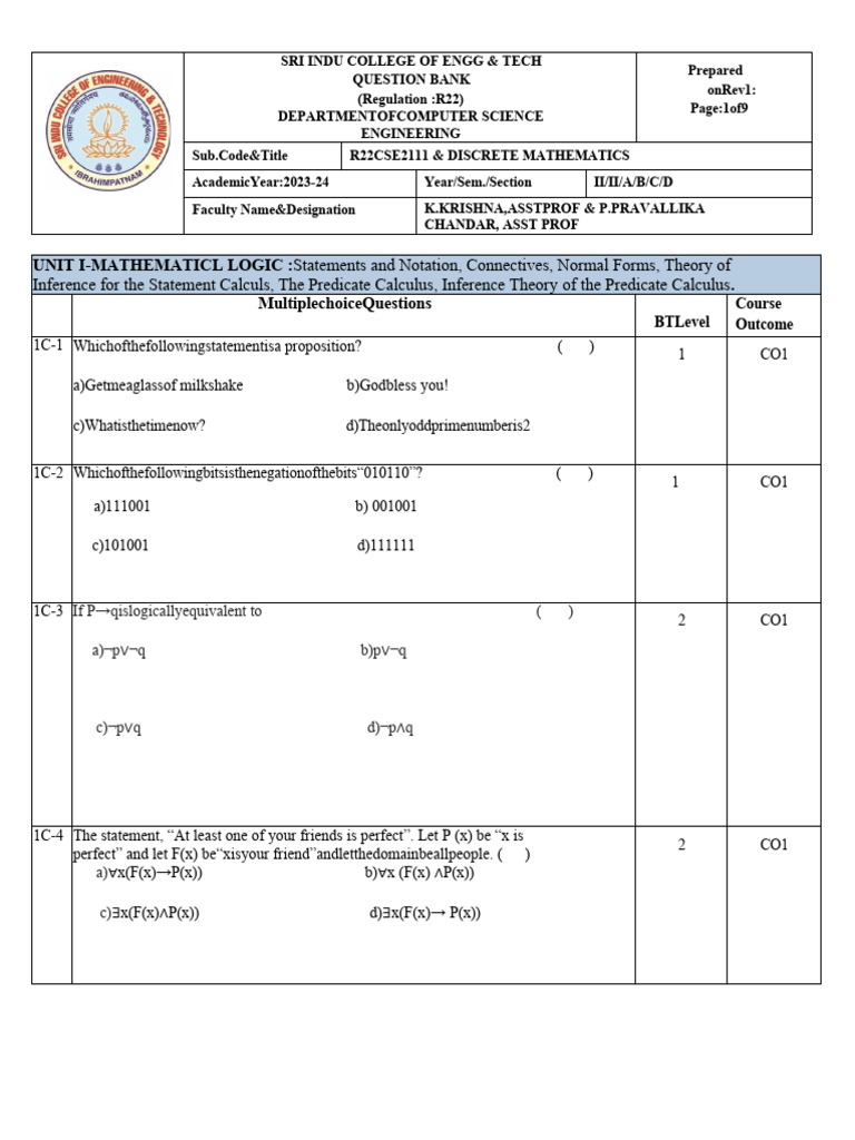 Discrete Mathematics Question Bank | PDF | If And Only If | Function ...