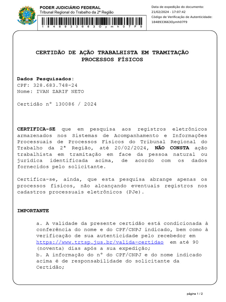 Certidão Trabalhista - Certidao | PDF | Finanças e Administração de Capital