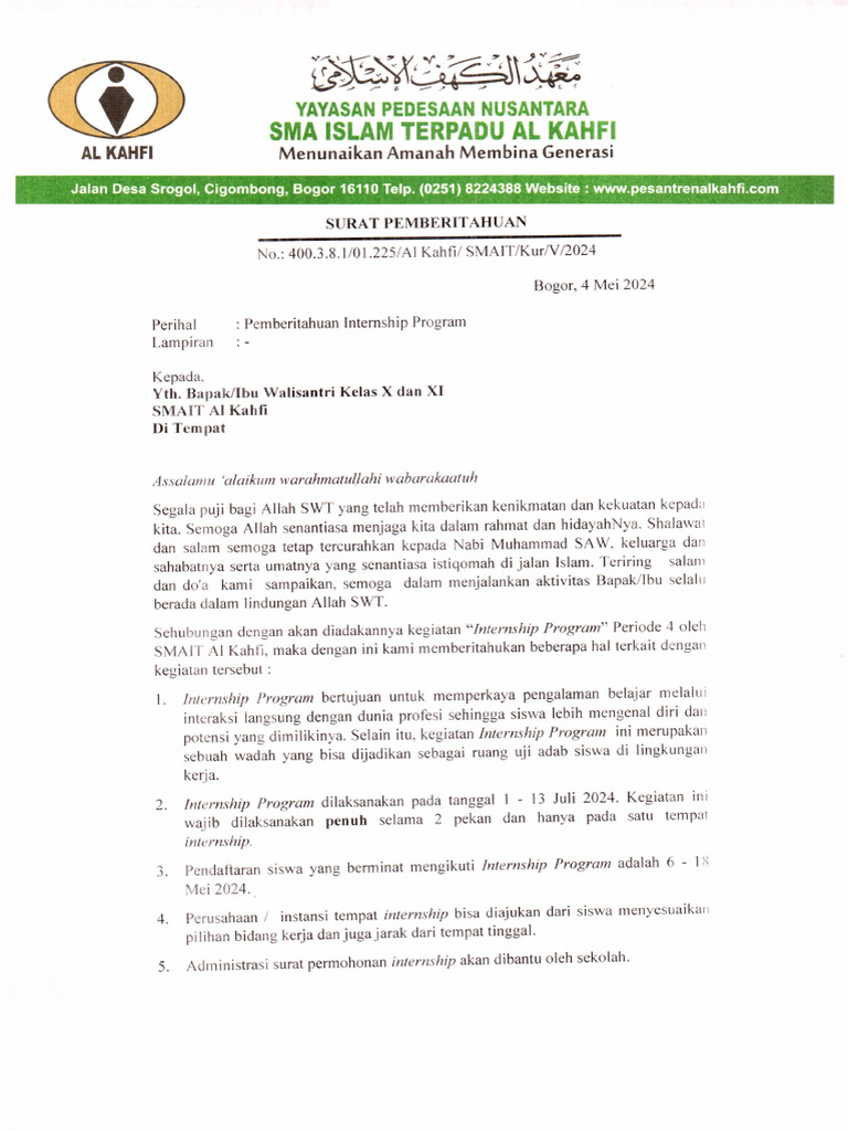 01.225 Surat Pemberitahuan Internship Program Periode 4 | PDF