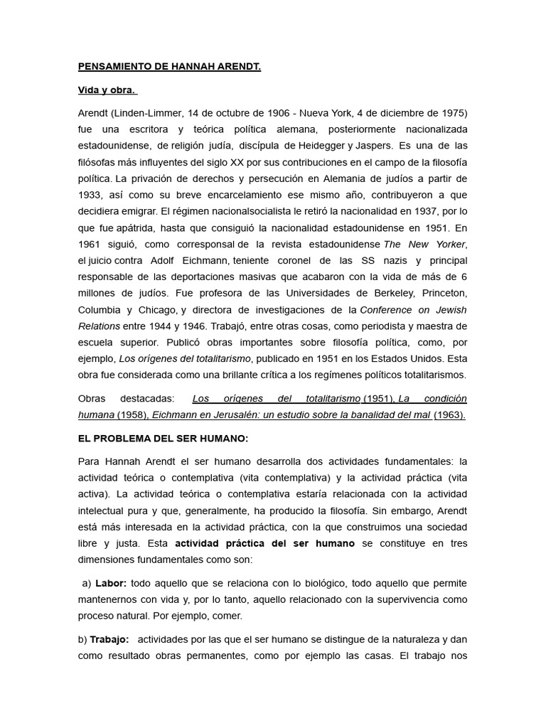 PENSAMIENTO DE HANNAH ARENDT | PDF | Hannah Arendt | Totalitarismo