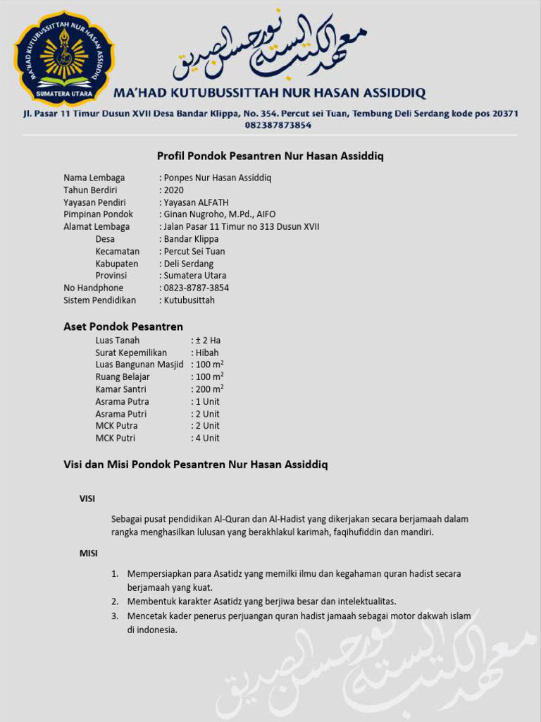 Profil Pondok Pesantren Nur Hasan Assiddiq | PDF