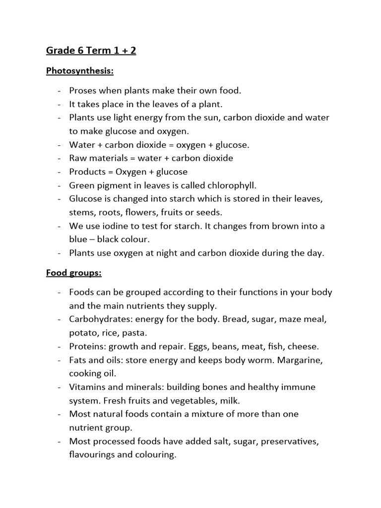 Grade 6 Term 1 + 2 Summary | PDF | Foods | Solubility