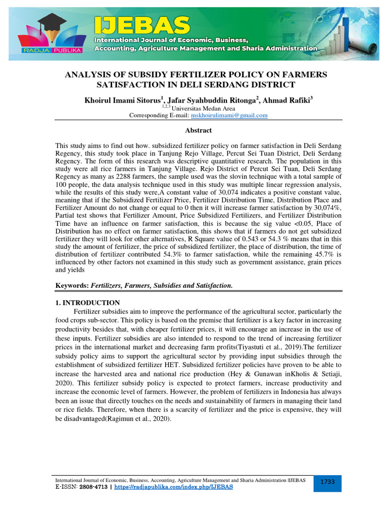 Analysis Of Subsidy Fertilizer Policy On Farmers S Pdf Subsidy