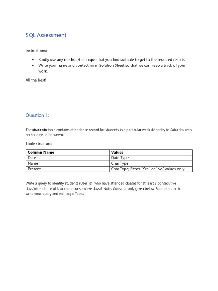 Data Engineer - SQL Assessment Inference Labs - New | PDF | Table (Database) | Sql