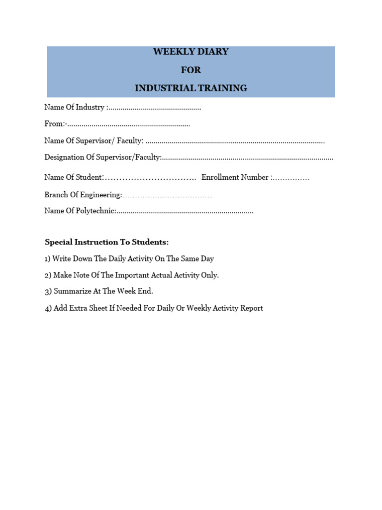 Industrial Training Weekly Report Diary Format. | PDF