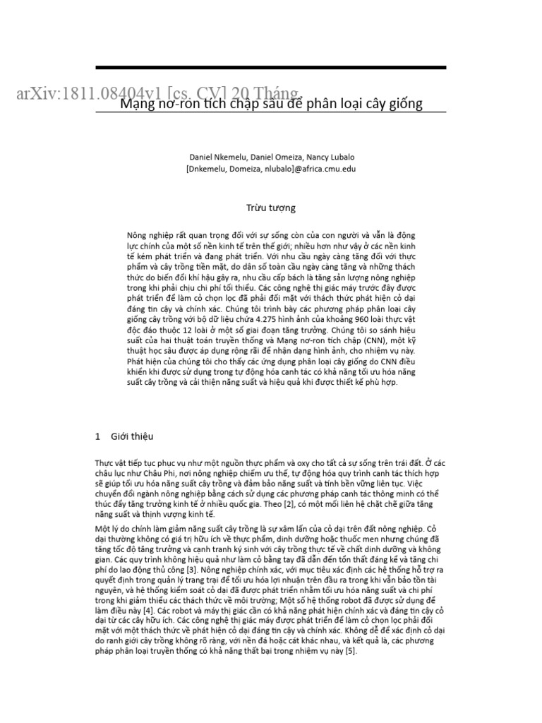 Arxiv:1811.08404V1 (Cs. Cv) 20 Tháng: Mạng Nơ-Ron Tích Chập Sâu Để Phân Loại Cây Giống | PDF