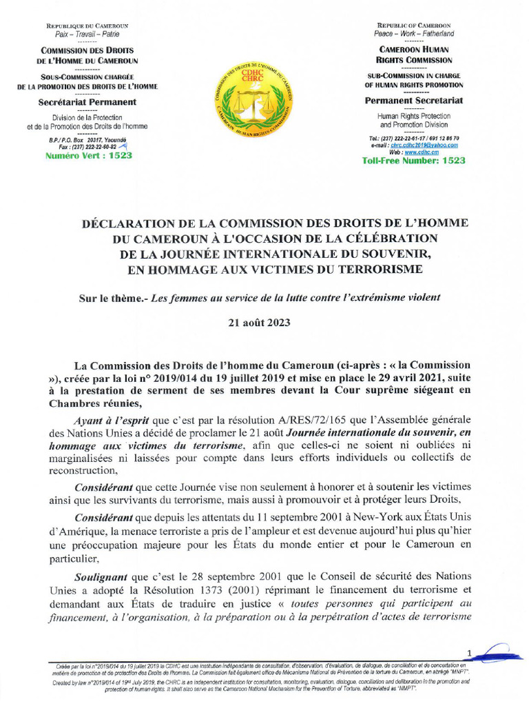 Déclaration de La CDHC À L'occasion de La Célébration de La Journée Internationale Du Souvenir ...
